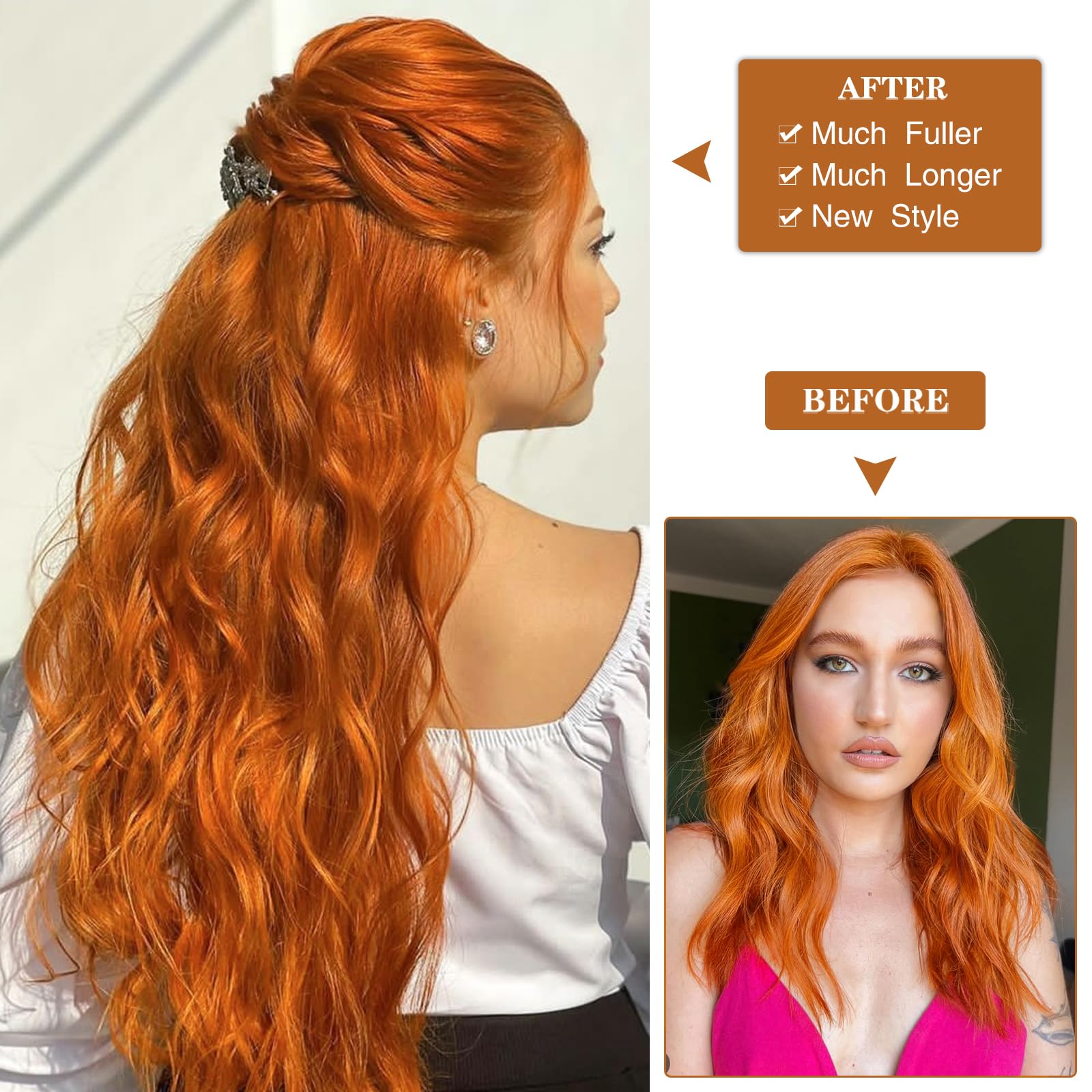 Wecan Clip In Hair Extension 24 Inch Ginger 6Pcs Long Wavy Curly Hairp ...